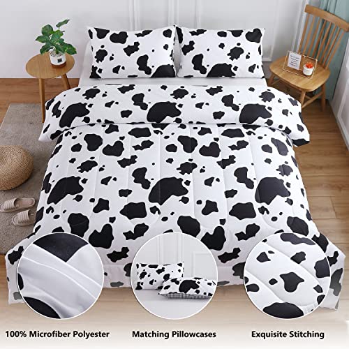 PERFEMET Cow Print Bedding Comforter Set Cartoon Milk Cow Print Bedding Set Reversible Plaid Grid Bed Sets for Kids Teens Boys Girls (Twin/Twin XL Size, Black and White)