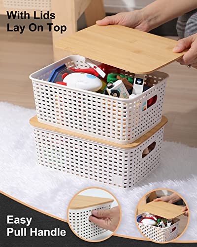 EOENVIVS Set of 6 Storage Baskets With Bamboo Lids, Plastic Storage Bins for Pantry Organization and Storage Containers for Shelves Drawers Desktop Closet Playroom Classroom Office Home, White