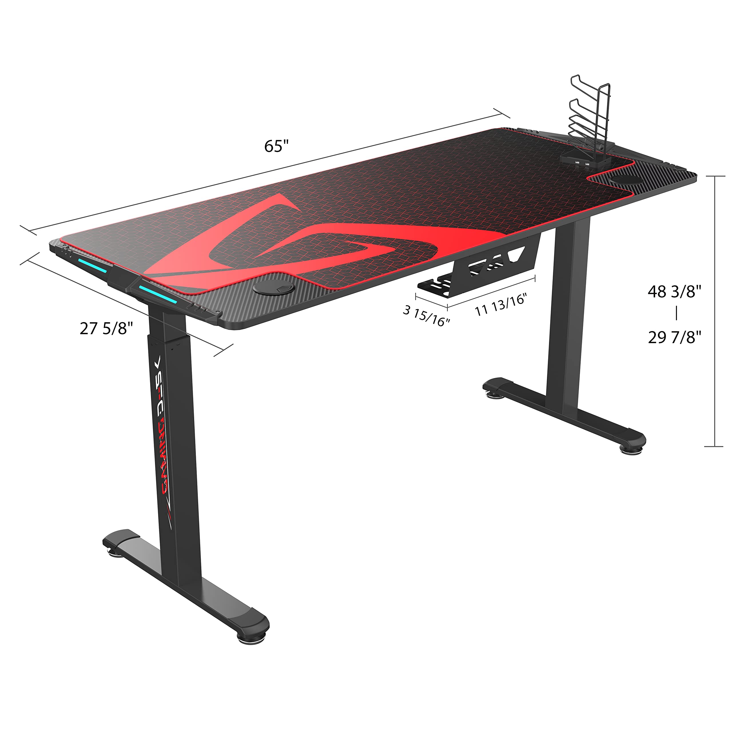 DESIGNA 65 inch Electric Height Adjustable Standing Desk, Sit Stand Large Gaming Computer Desk with RGB LED Lights, Full Coverage Gaming Desk Mat for Gaming & Home Office, Black