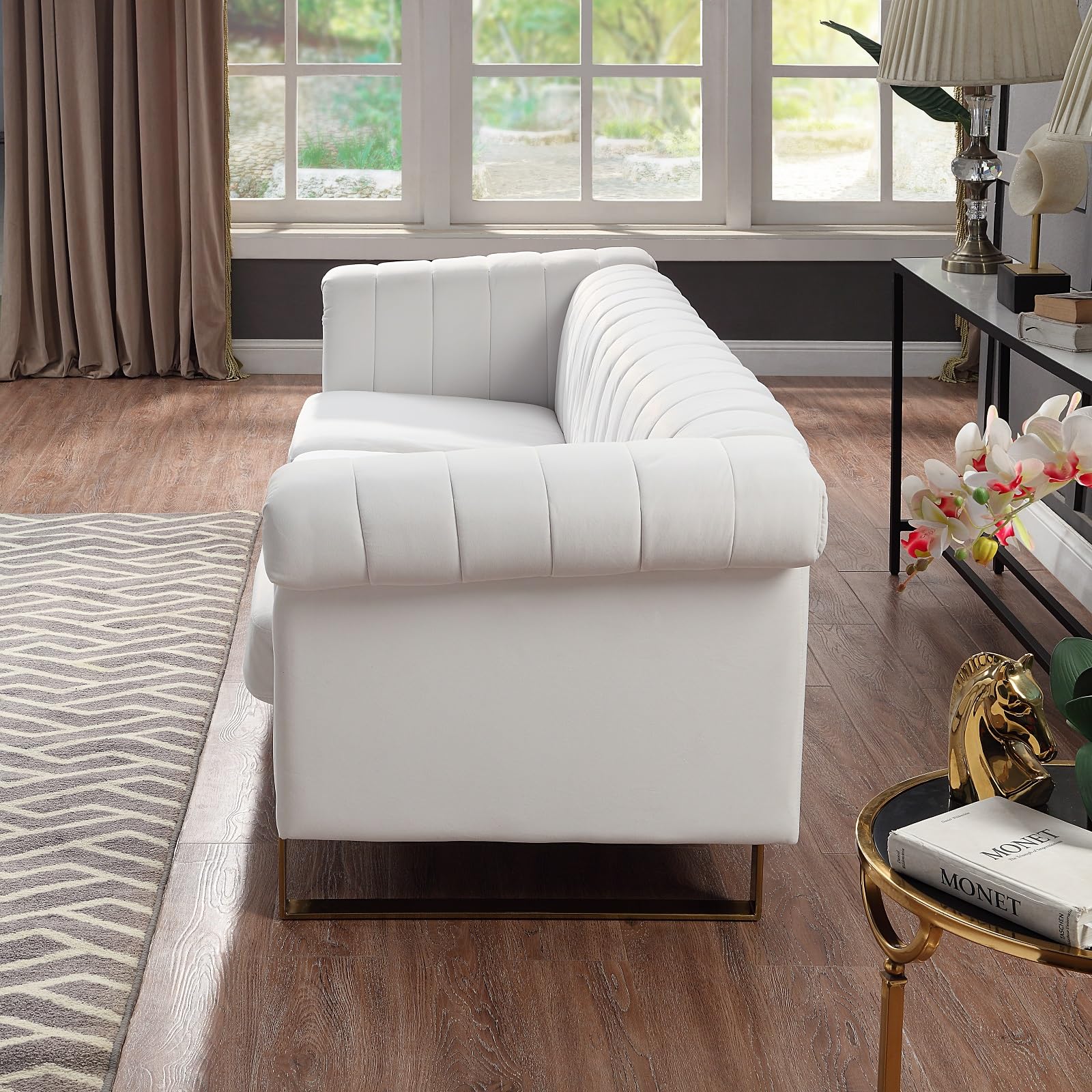 MULEJYBO 84" Velvet Sofa Couch, Chesterfield 3 Seater Couch with Rolled Armrest for Living Room, Mid-Century Modern Sofa with Brushed Metal Feet, Beige