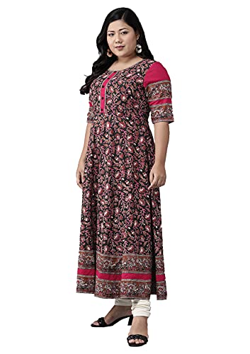 Yash Gallery Women's Plus Size Cotton Floral Printed Anarkali kurta (Black)