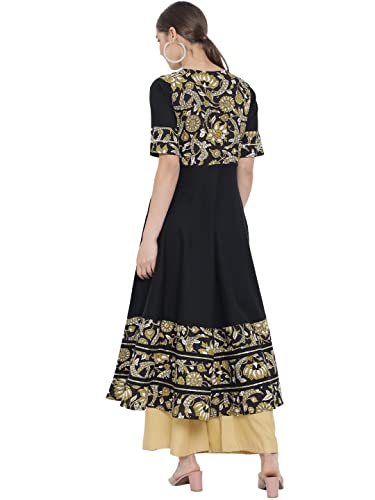 Yash Gallery Women's Cotton Floral Print Anarkali Kurta (Black)