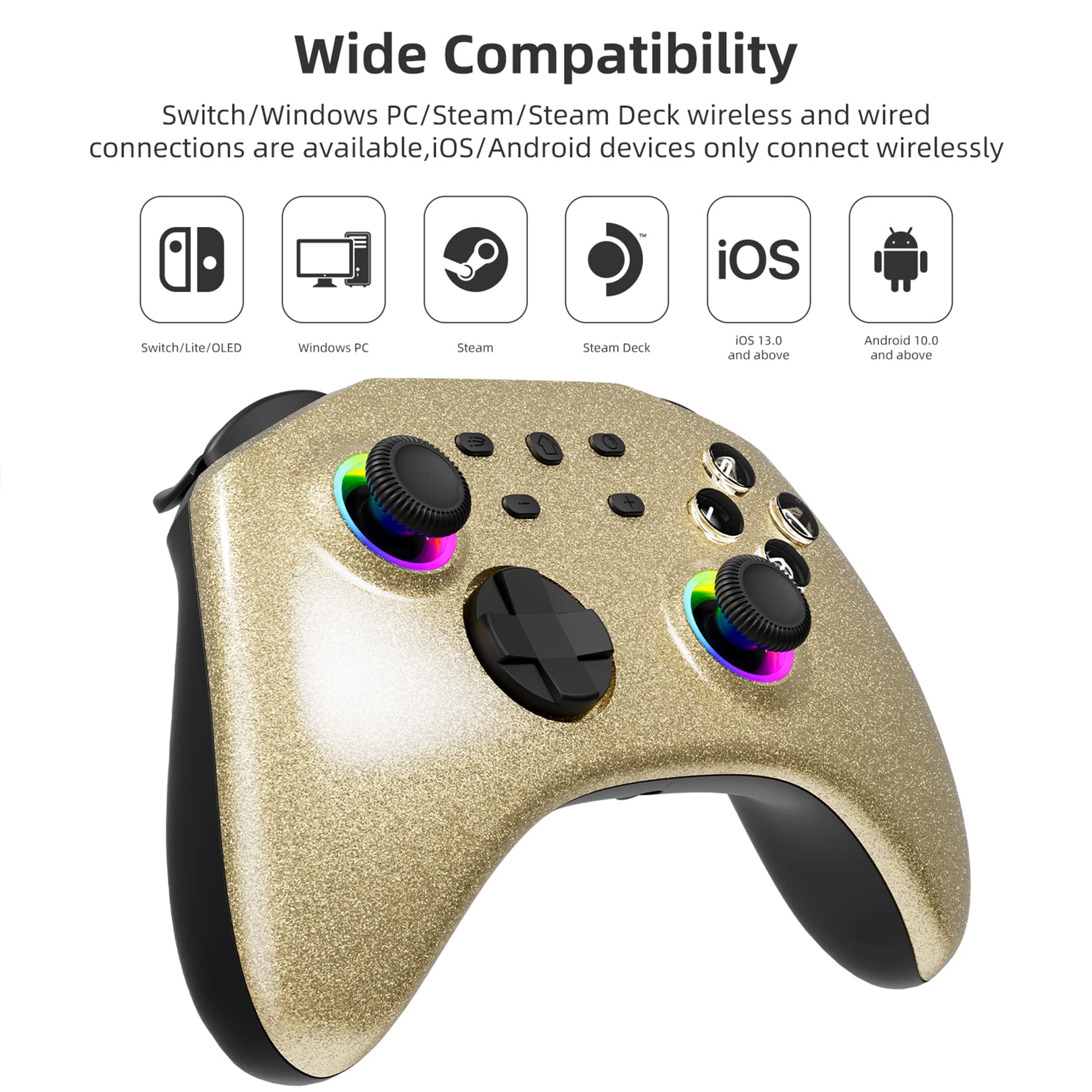 Gold Wireless Switch Controller for Switch/OLED/Lite Steam Deck, Pro Controller with Turbo, Motion, Vibration, Wake-Up, Headphone Jack and Dynamic Joystick RGB Lighting, Gaming Genshin Impact