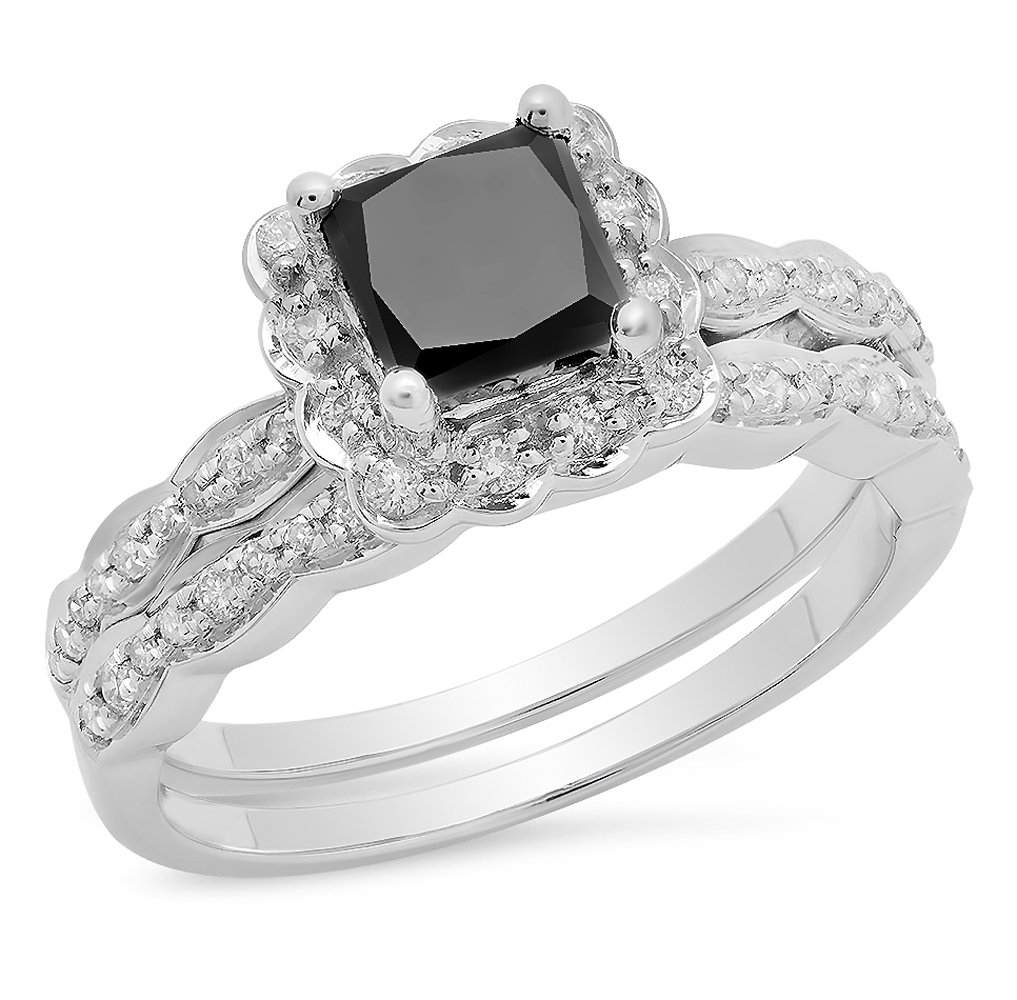 Dazzlingrock Collection 1.80 Carat (ctw) 10K Black & White Diamond Bridal Halo Engagement Ring Set, White Gold, Size 8