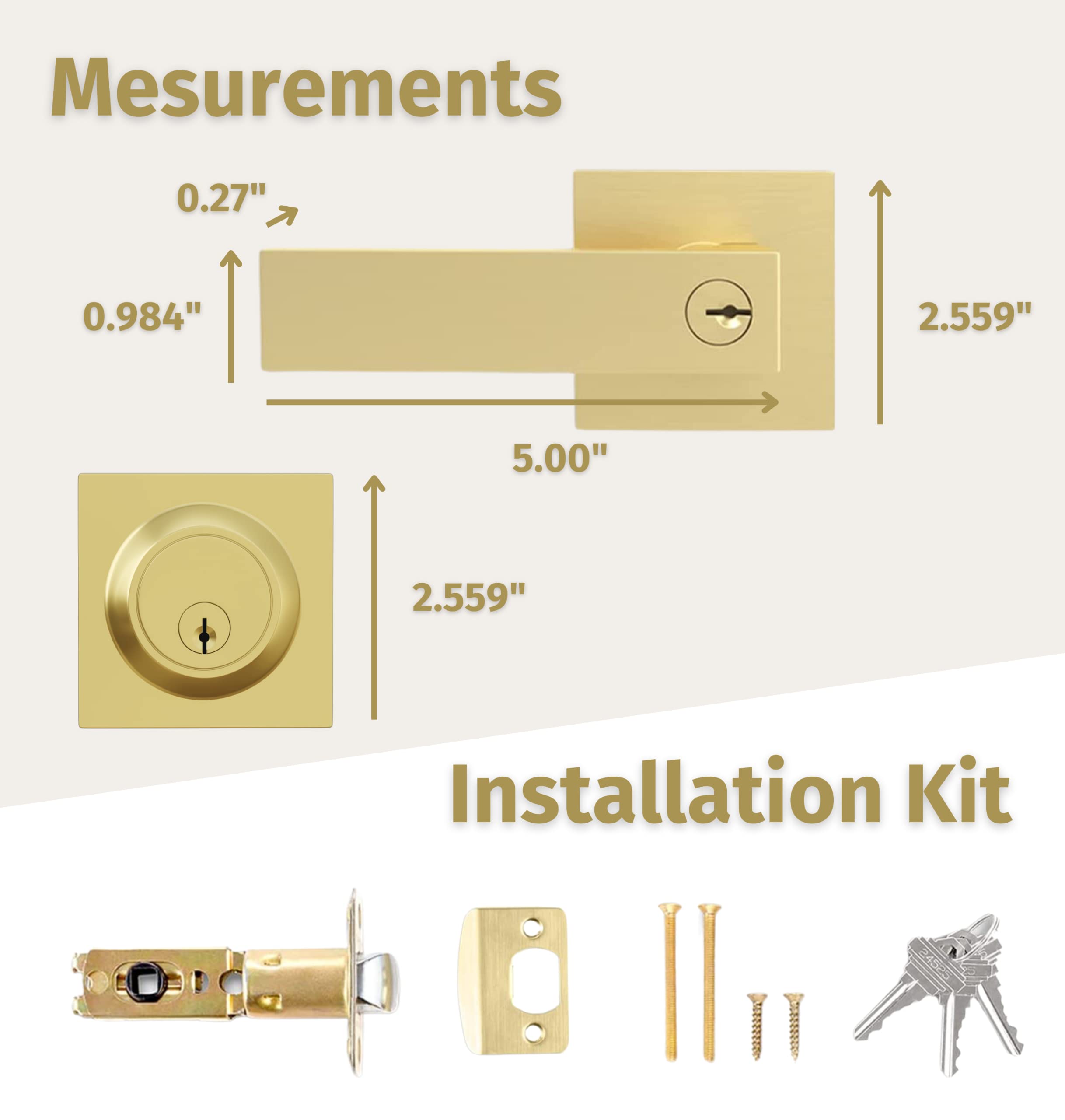 Mega Handles Entry Combo I Entry Lever Door Handle and Single Cylinder Deadbolt Lock and Key Combo Pack - Heavy Duty Square Locking Lever Set for Left or Right-Handed Doors - Satin Brass