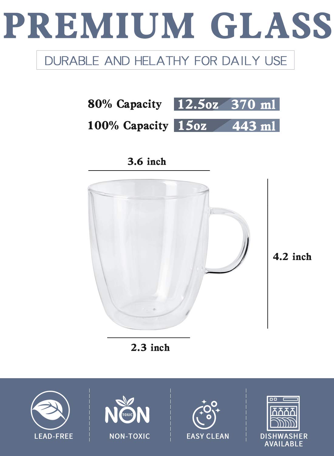 Kanwone Glass Coffee Mugs - 12.5 Ounce Double Wall Insulated Mug Set with Handle, Clear Coffee Mugs, Perfect for Latte, Americano, Cappuccinos, Tea Bag, Beverage, Set of 4