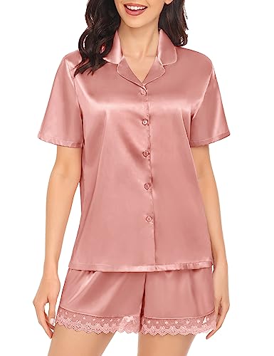 SWOMOG Ladies Pajamas Sets Satin Pajamas Womens Short Sleeve Sleepwear Soft Silky 2 Piece Loungewear Pjs for Bridal