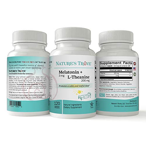 Nature's Trove Melatonin 3mg + L Theanine 200mg – Calm and Relaxation – 120 Kosher Vegetarian Capsules