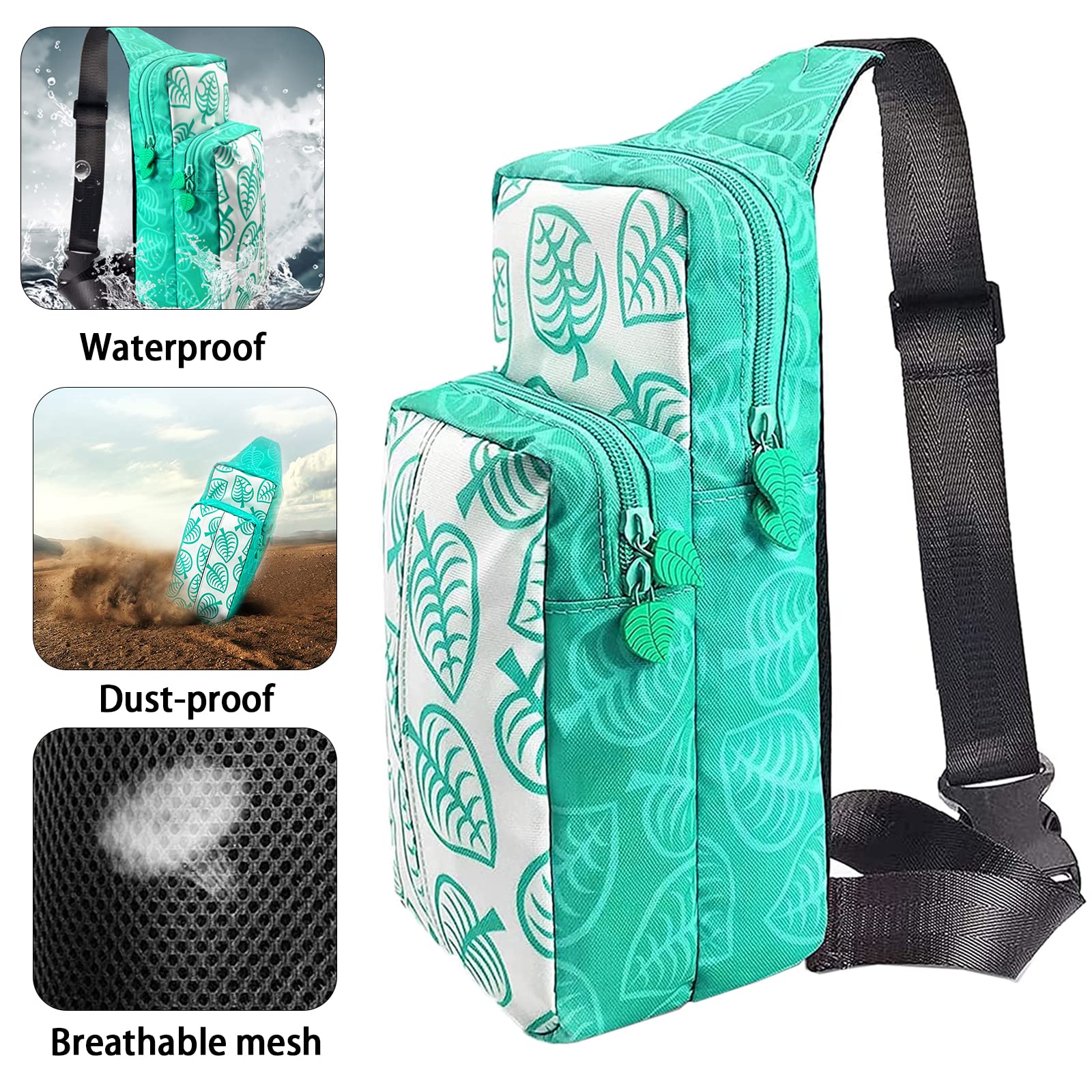 GOLDCHAMP Travel Carrying Bag for Nintendo Switch/OLED Console, Joy-Con Grip & Dock,Leaf Crossing Design Shoulder Bag Storage Case Nylon Water Resistant Portable Crossbody Bag
