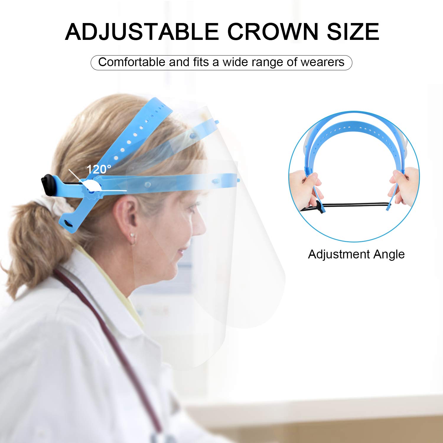 DISEN 20pcs Adjustable Safety Face Shield, plexiglass Protective Face mask, Anti-Fog Full Face Breathable & Detachable Visor with Clear Protective Film (2 Frame+20 Films)