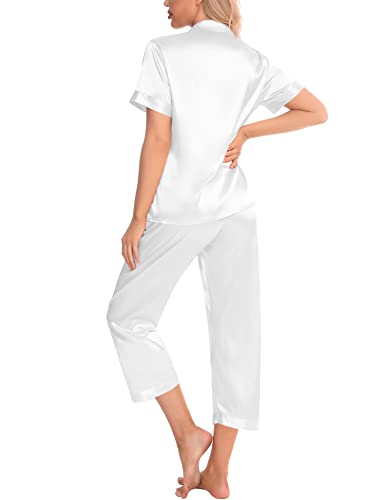 SWOMOG Women Satin Pajama Set Short Sleeve Sleepwear Capri Silk Pjs Set 2 Piece Loungewear Button Down Nightwear with Pockets