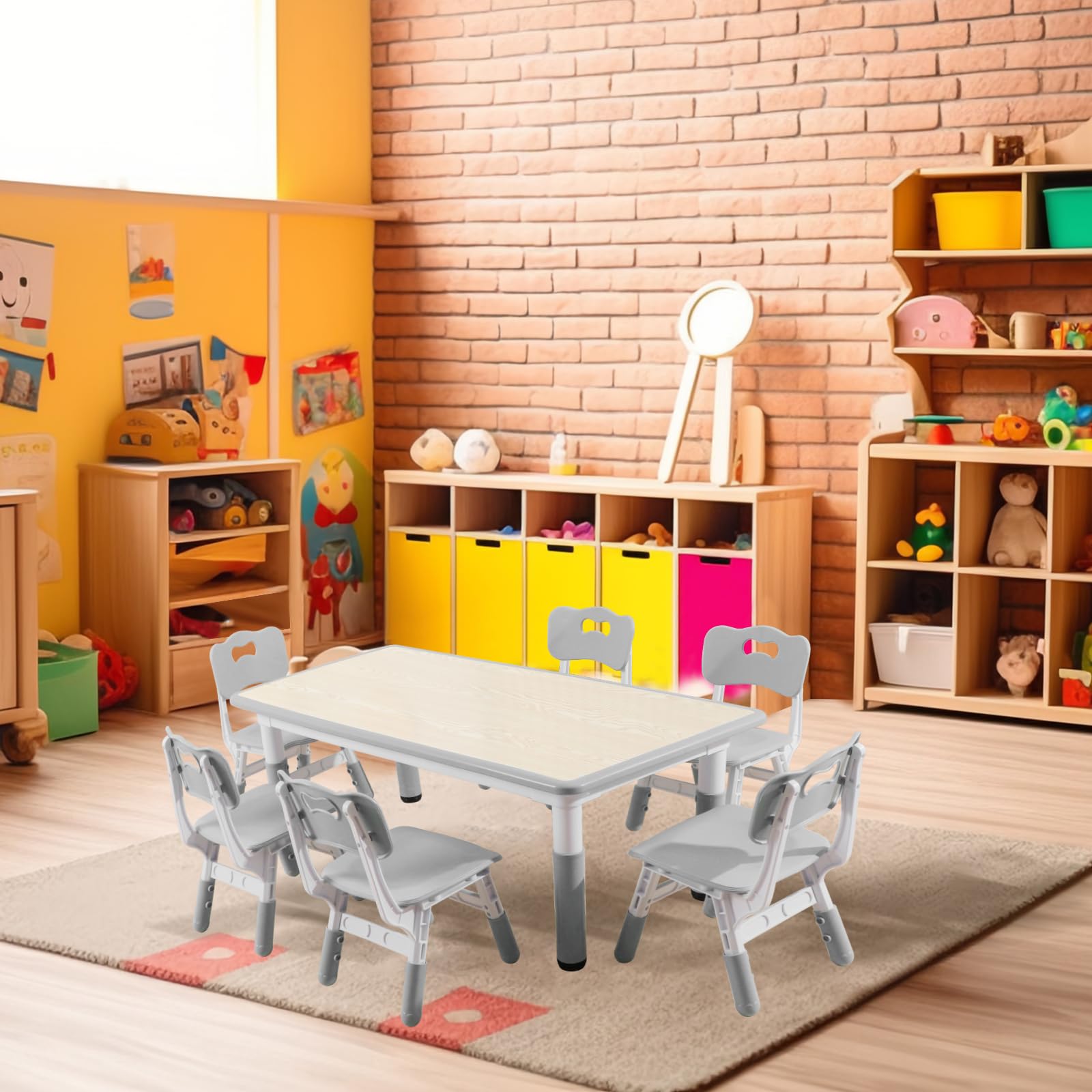 LulliSpace, Height Adjustable, Kids Set with Graffiti Desktop,Toddlers Activity Table for Daycares,Homes,Classroom,Eco-Friendly, and Stylish Design, 6 Chairs, Gray