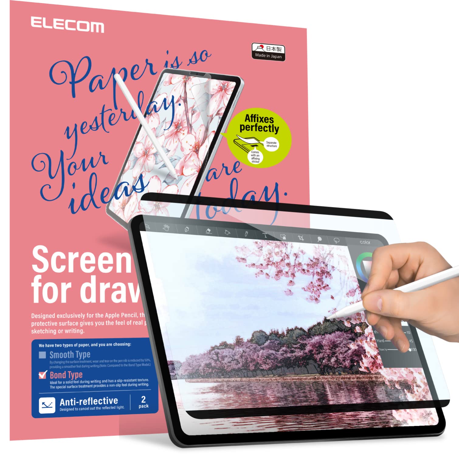 ELECOM Detachable Pencil Feel Screen Protector -nano suction finish-, Bond type, iPad Air5 4 (10.9",2022,2020) iPad Pro4 3 2 1 (11",2022,2021,2020,2018) Drawing/Notetaking/Anti-glare(TB-APBNS109-W)
