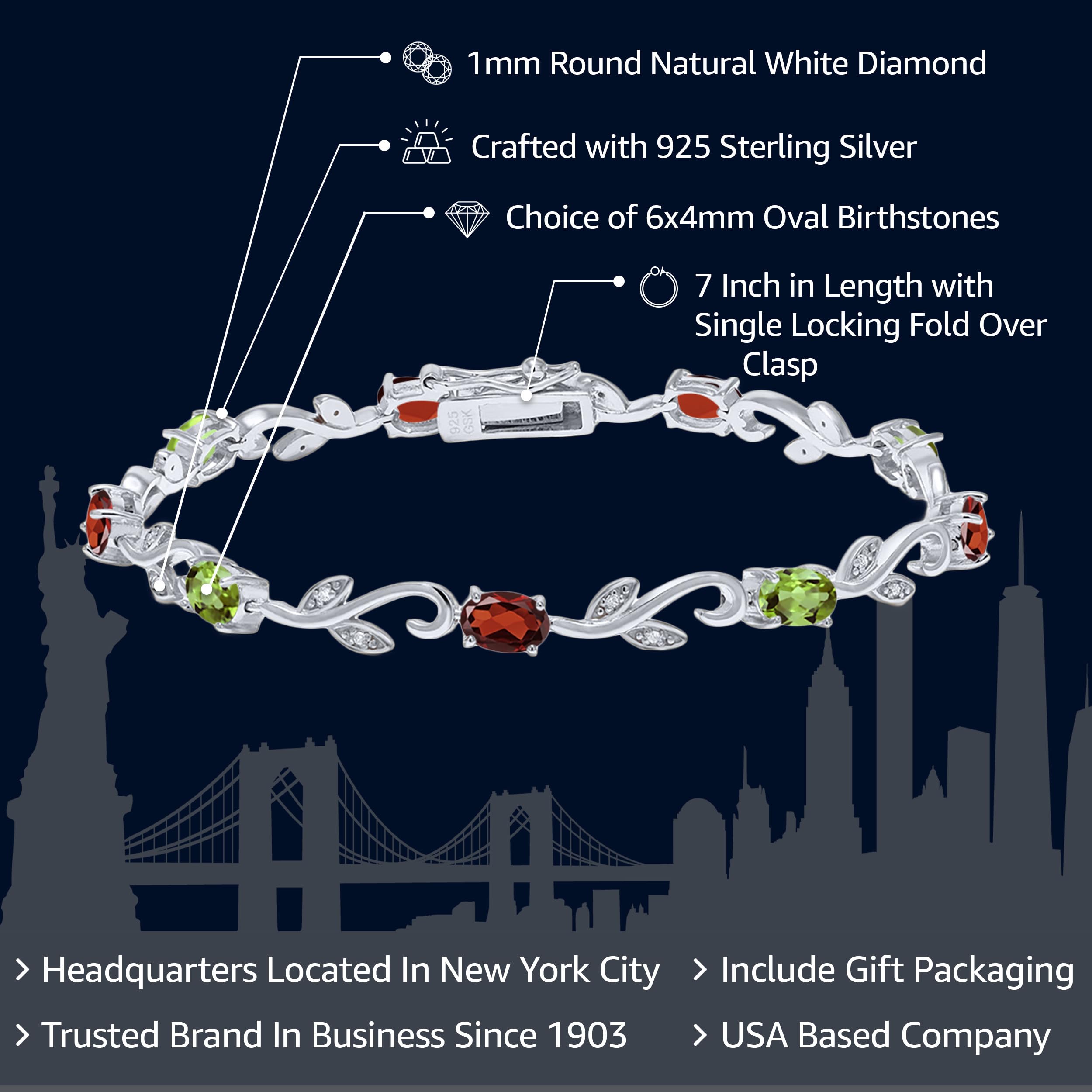 Gem Stone King 925 Sterling Silver Customized and Personalized 9 Gemstone Birthstone and Diamond Greek Vine Tennis Bracelet For Women