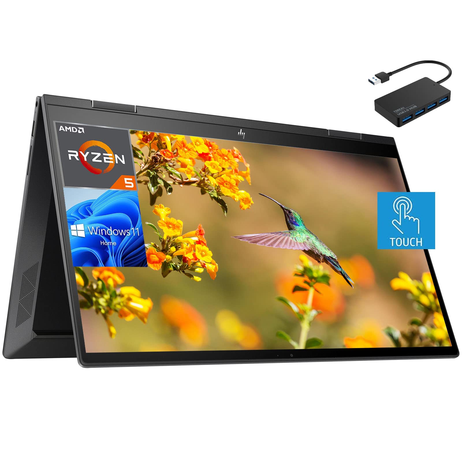 HP Envy X360 2-in-1 15 15.6" FHD Touchscreen Laptop Computer, 6-Core AMD Ryzen 5 5625U, 16GB RAM 512GB PCIe SSD, Backlit Keyboard, Convertible, Fast Charge, Windows 11 Home, Nightfall Black, w/Hub