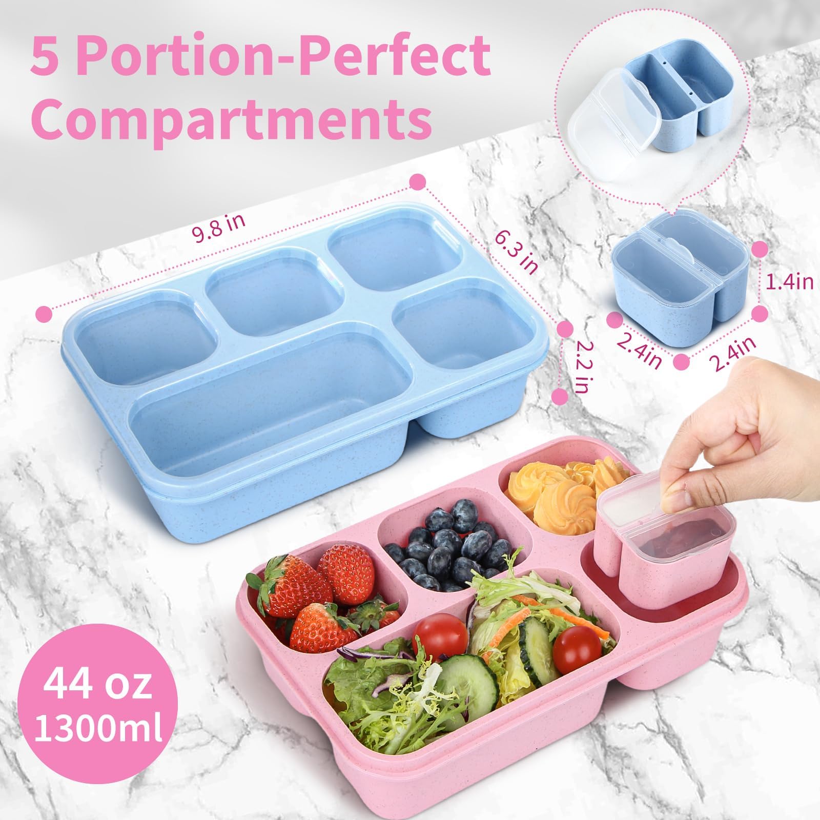 Lunbxx Snack Box Containers for Adults,4 Pack Bento Lunch Box for Adult & Kids, 5 Compartment Adult Lunchable Containers with Utensils, Sauce Jar, 44 Oz/1300ML Large Size (Wheat)