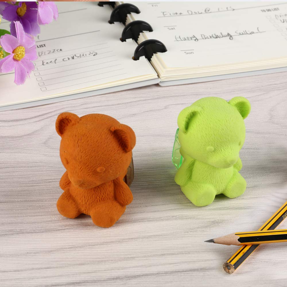 Eagle Manual Pencil Sharpener and Eraser, Cute Bear Shape, for Standard 6-8 mm Pencils, Perfect for Kids, Pack of 1 (Green)