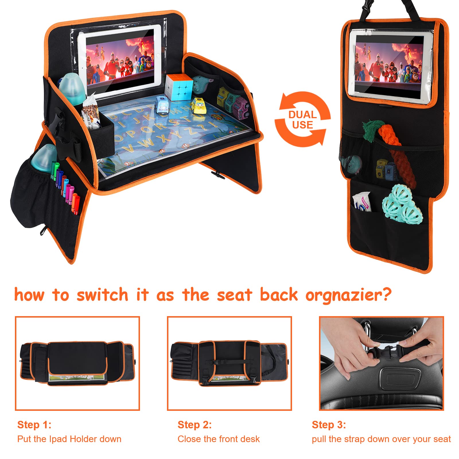 MENZOKE Pink & Black Kids Travel Tray Bundle,2 In 1 Backseat Car Organizer for Little KIds with Educational Drawing Board,Tablet Holder&Cooler Cup Holder, Car Seat Tray for Kid Travel, Birthday Gifts