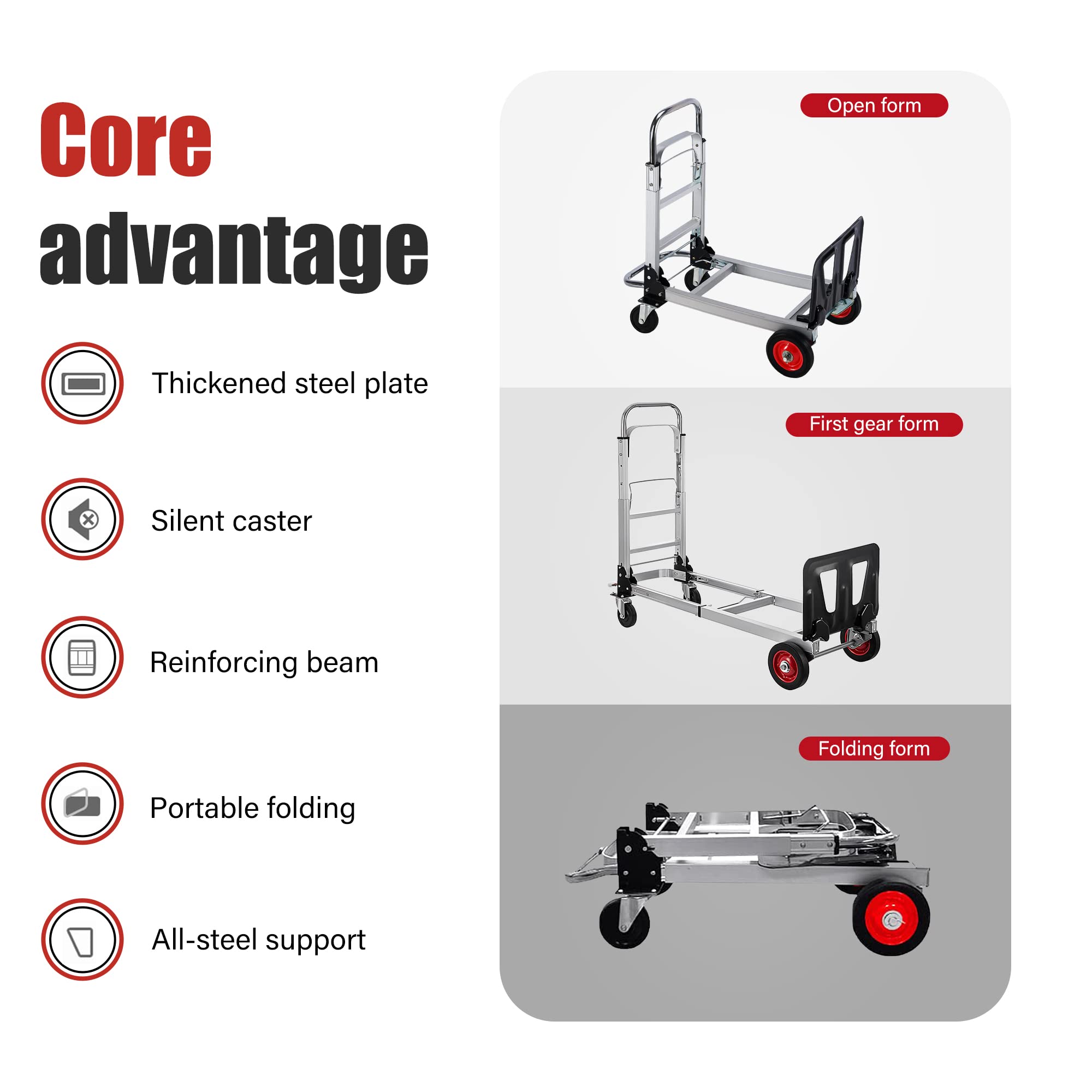 Folding Hand Truck, 3 in1 Aluminum Hand Truck with 3-Position Folding Pulley Handles, Load Capacity 220 lbs