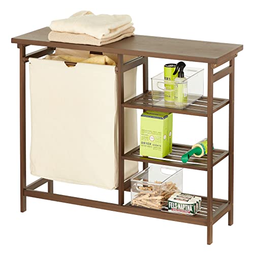 mDesign Bamboo Freestanding Laundry Hamper Basket Table - Storage Shelves for Folding Clothes and Organizing Detergent, Fabric Softener, Bleach, Dryer Sheets - Echo Collection - Espresso Brown