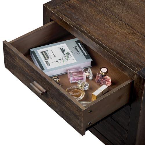 Karl home Farmhouse Nightstand with Charging Station, Solid Pine Wood 3 Drawer Night Stands for Bedroom, Bedside Table with 2 USB Ports & 2 AC Outlets, Vintage End Tables, Brown