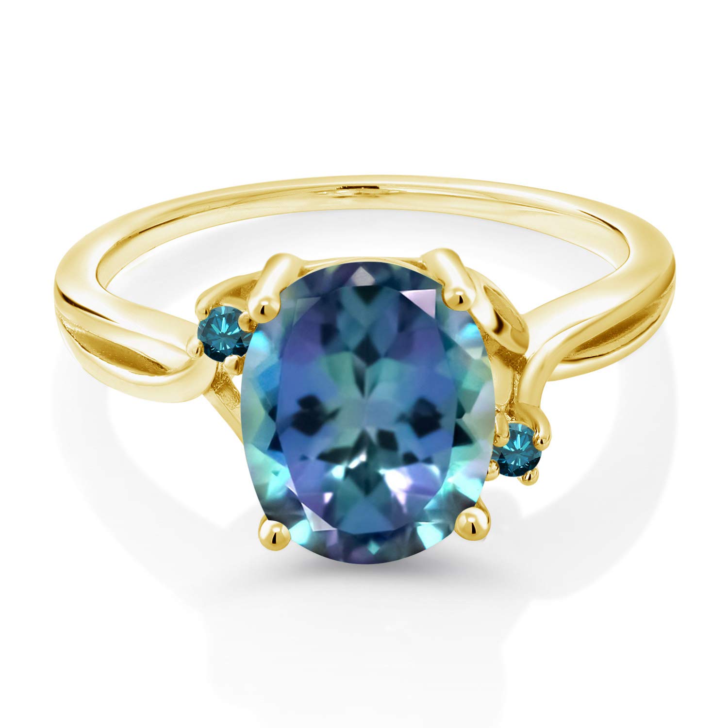 Gem Stone King 18K Yellow Gold Plated Silver Millennium Blue Mystic Topaz and Blue Diamond 3 Stone Ring For Women (3.03 Cttw, Oval 10X8MM, Gemstone Birthstone, Available In Size 5, 6, 7, 8, 9)