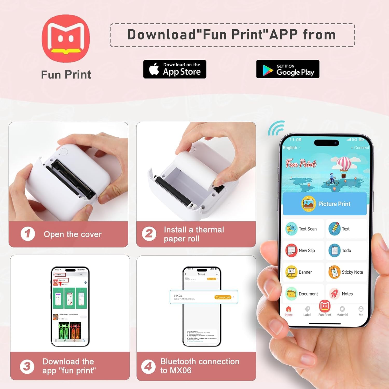 WeePro Mini Printer Portable Inkless Sticker Printer with 13 Rolls Paper, Ideal for Sticker Maker Machine, Label Printer for Small Business, Doodle Pocket Printer Compatible with Phone & Tablet