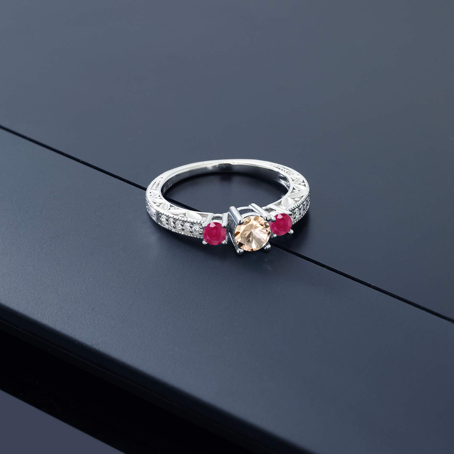 Gem Stone King 925 Sterling Silver Round Peach Morganite and Red Ruby Engagement Ring For Women (0.84 Cttw, Gemstone Birthstone, Available In Size 5, 6, 7, 8, 9)