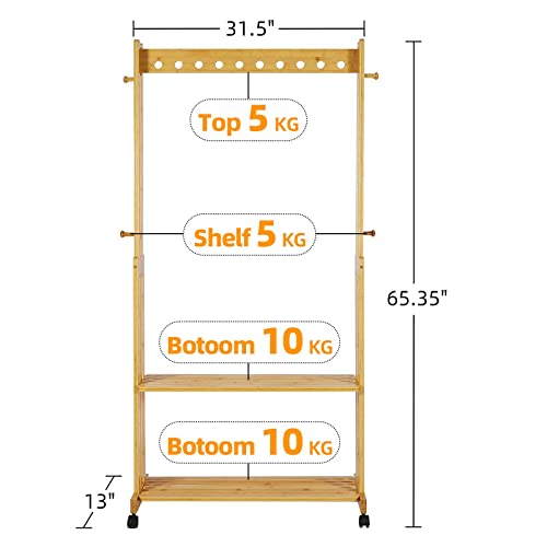 INTOBOO Bamboo Garment Rack, Clothes Hanging Rack with 2 Tier Storage Shelves, Heavy Duty Clothing Rack & Storage Organizer, Movable & Easy to Assemble