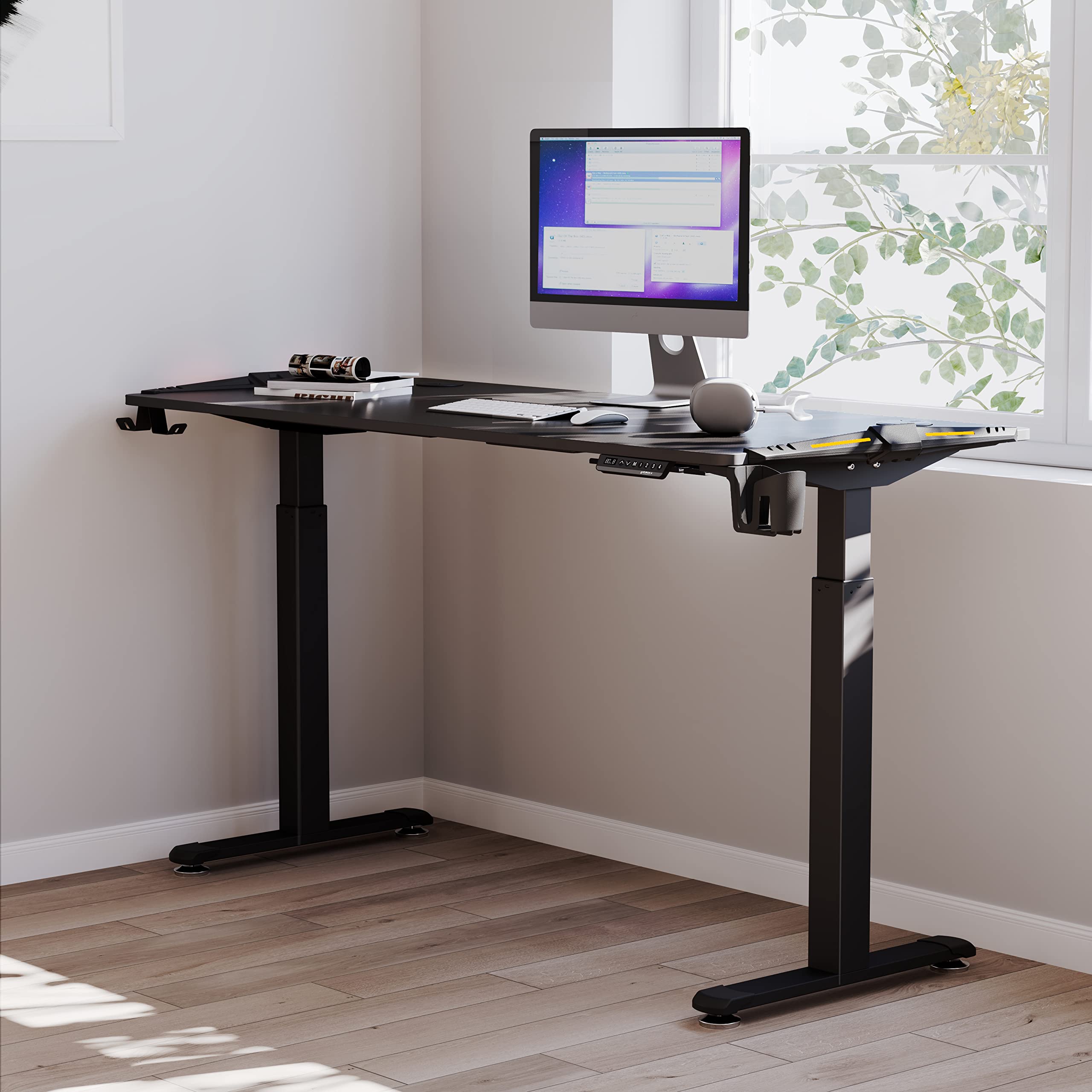 DESIGNA 65 inch Electric Height Adjustable Standing Desk, Sit Stand Large Gaming Computer Desk with RGB LED Lights, Full Coverage Gaming Desk Mat for Gaming & Home Office, Black