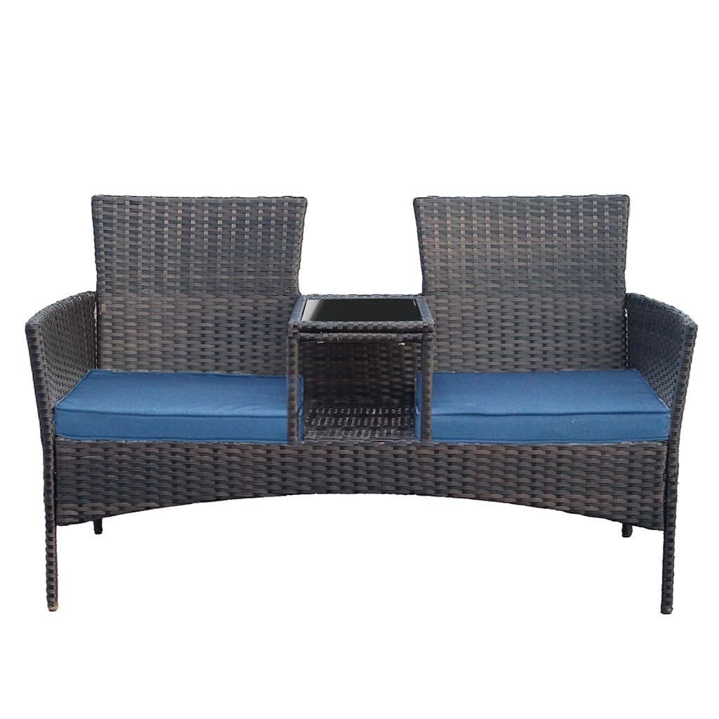 Outdoor Patio Rattan Loveseat with Cushions and Integrated Coffee Table - Weather Resistant 2 Seat Perfect for Garden, Lawn, and Backyard Leisure (Brown Rattan,Dark Blue Cushion)