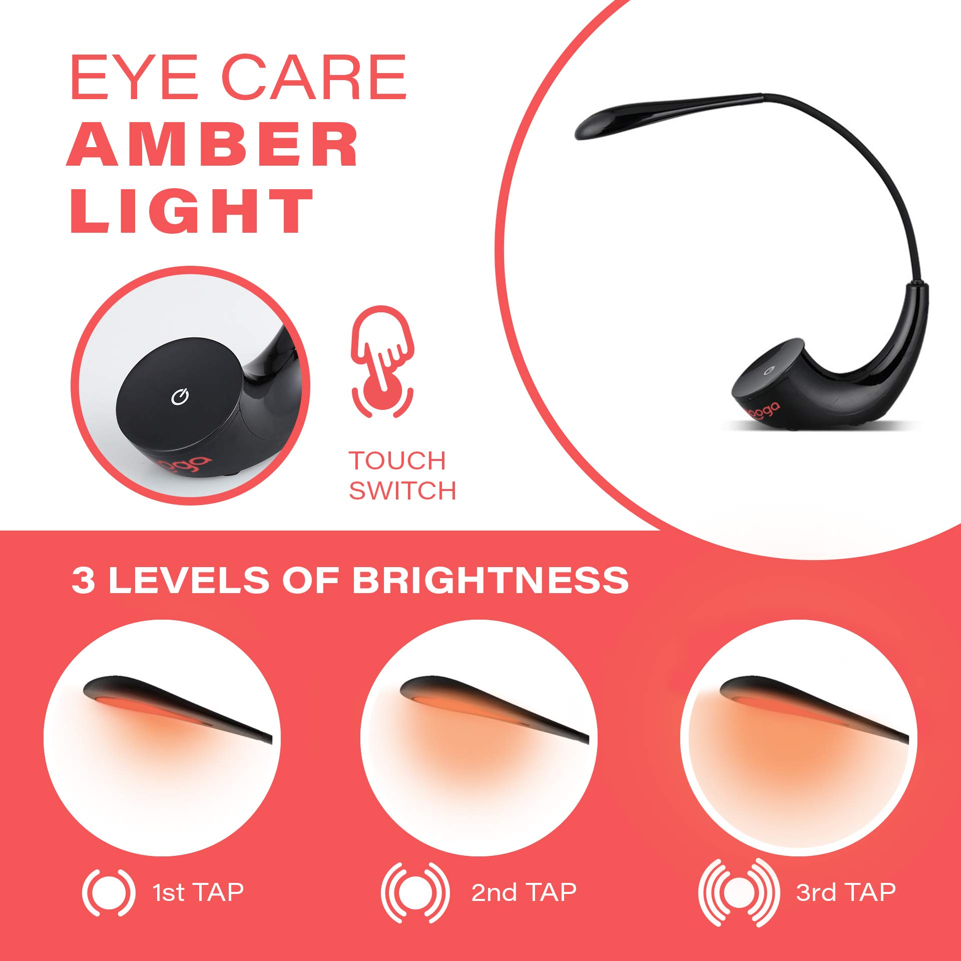 Desk Lamp, Blue Light Blocking, Amber Office Lamp by Hooga. Dimmable Reading Lamp, 3 Brightness Settings Reduces Eye Strain. 1600K Warm LEDs for Working at Night. Rechargeable 1000mAh Battery. Black