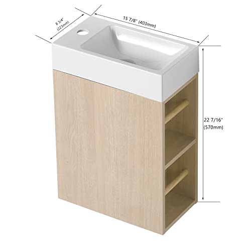 SZUBEE 16" Bathroom Cabinet Vanity with Ceramic Basin and Soft Close Doors, Plain Light Oak