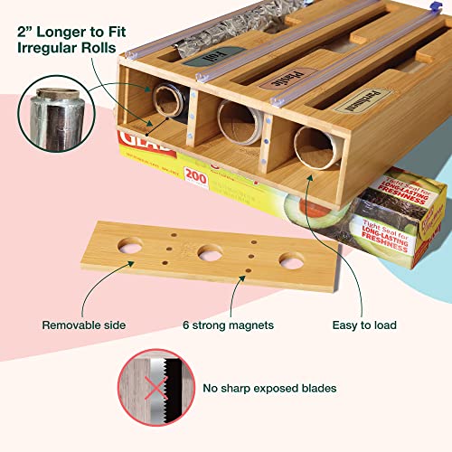 Neat Diva 12" Bamboo Foil Plastic Wrap Organizer Cutter, Plastic Wrap Dispenser Cutter, Tin Foil Organizer Drawer, Bamboo Aluminum Foil Dispenser Cutter, Kitchen Organizer Foil Plastic Wrap (3-in-1)