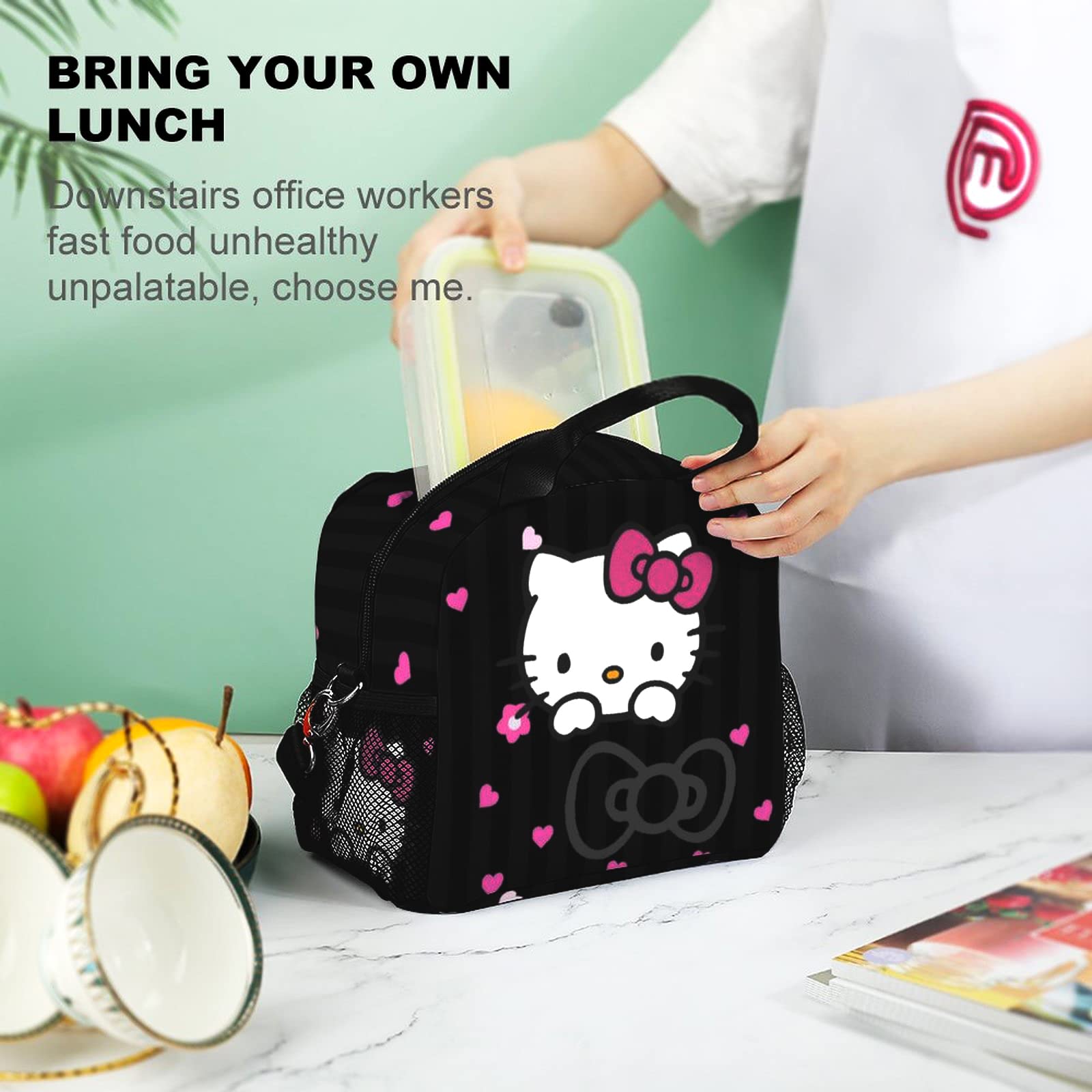 Grehge Cute Cartoon Lunch Bag Portable Thermal Insulated Preservation Pink Cat