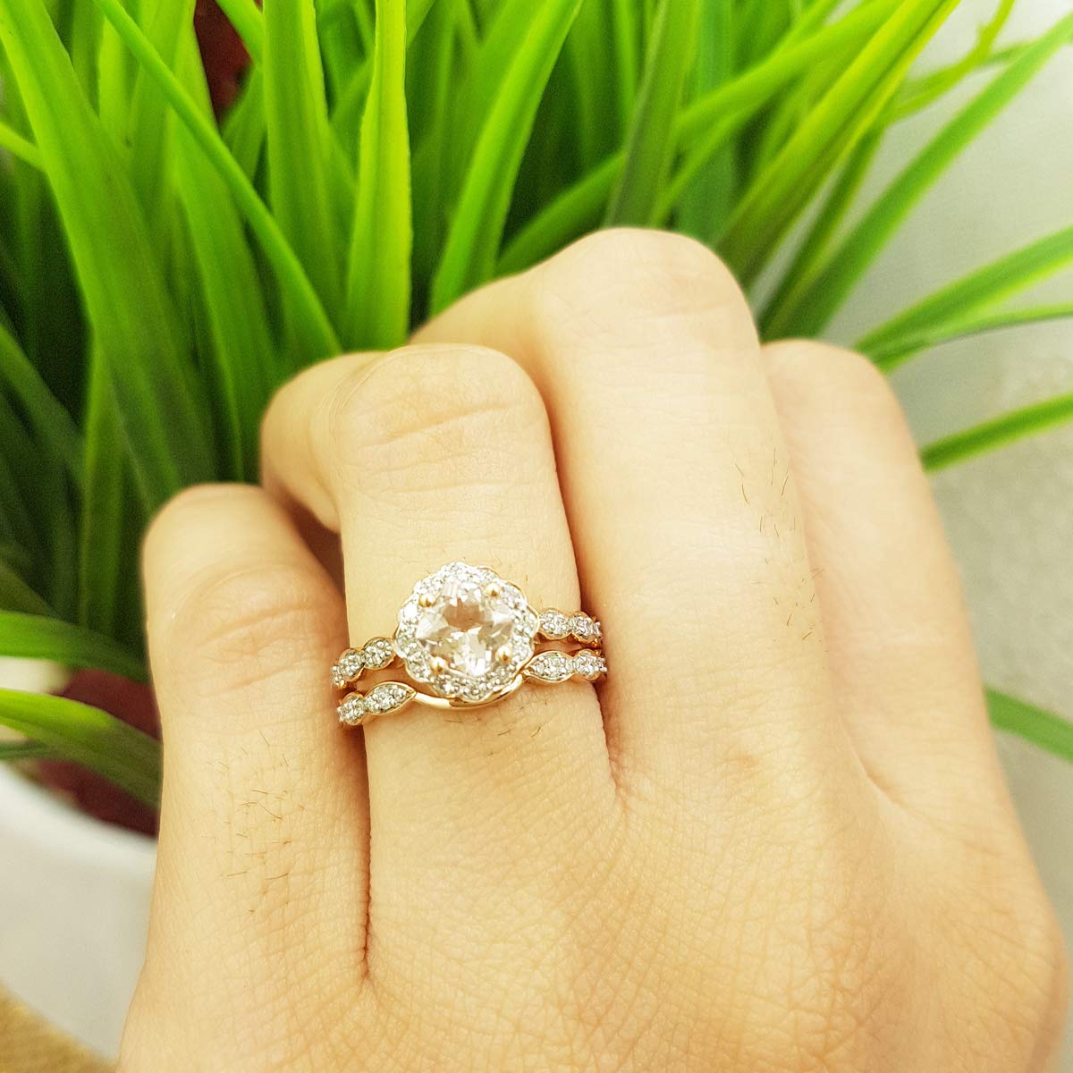 Dazzlingrock Collection 5.5 MM Cushion Morganite & Round Diamond Ladies Halo Wedding Ring Set in 14K Rose Gold, Size 9