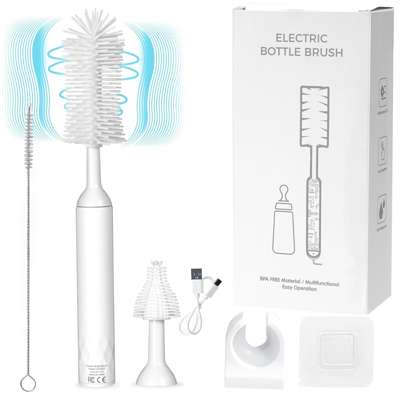 Electric Baby Bottle Brush, Rechargeable Cleaning Brush with Waterproof and Wall-Mounted Design, Silicone Bottle/Pacifier/Straw Brush, 360° Rotating Cleaning, for New Mom (White)
