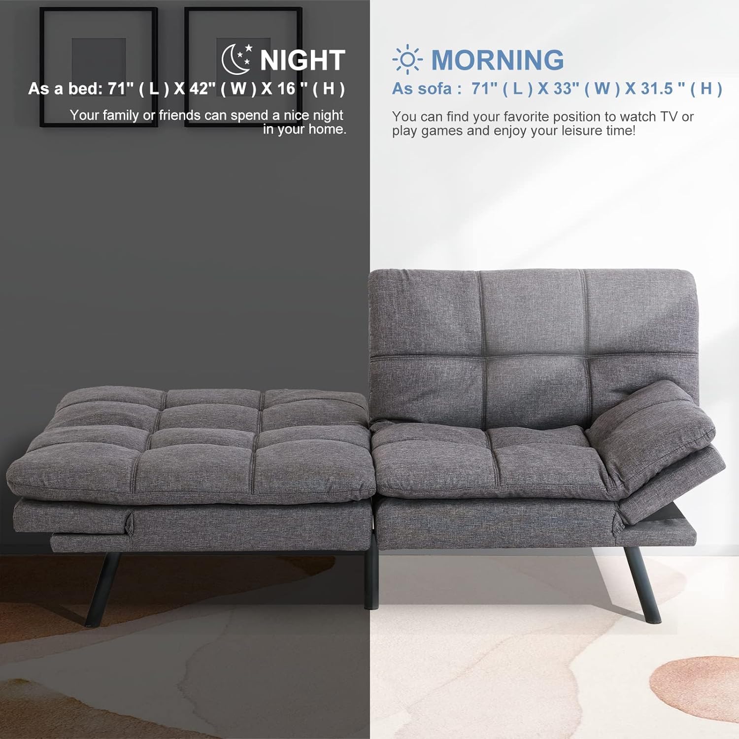 MUUEGM Convertible Futon Couch Bed Sofa,Loveseat Sleeper Sofa Bed Couch,Memory Foam Modern Futon Adjustable Armrest and Backres,Sleeping Sofa for Living Room,Small Space,Apartment Office,Dark Gray