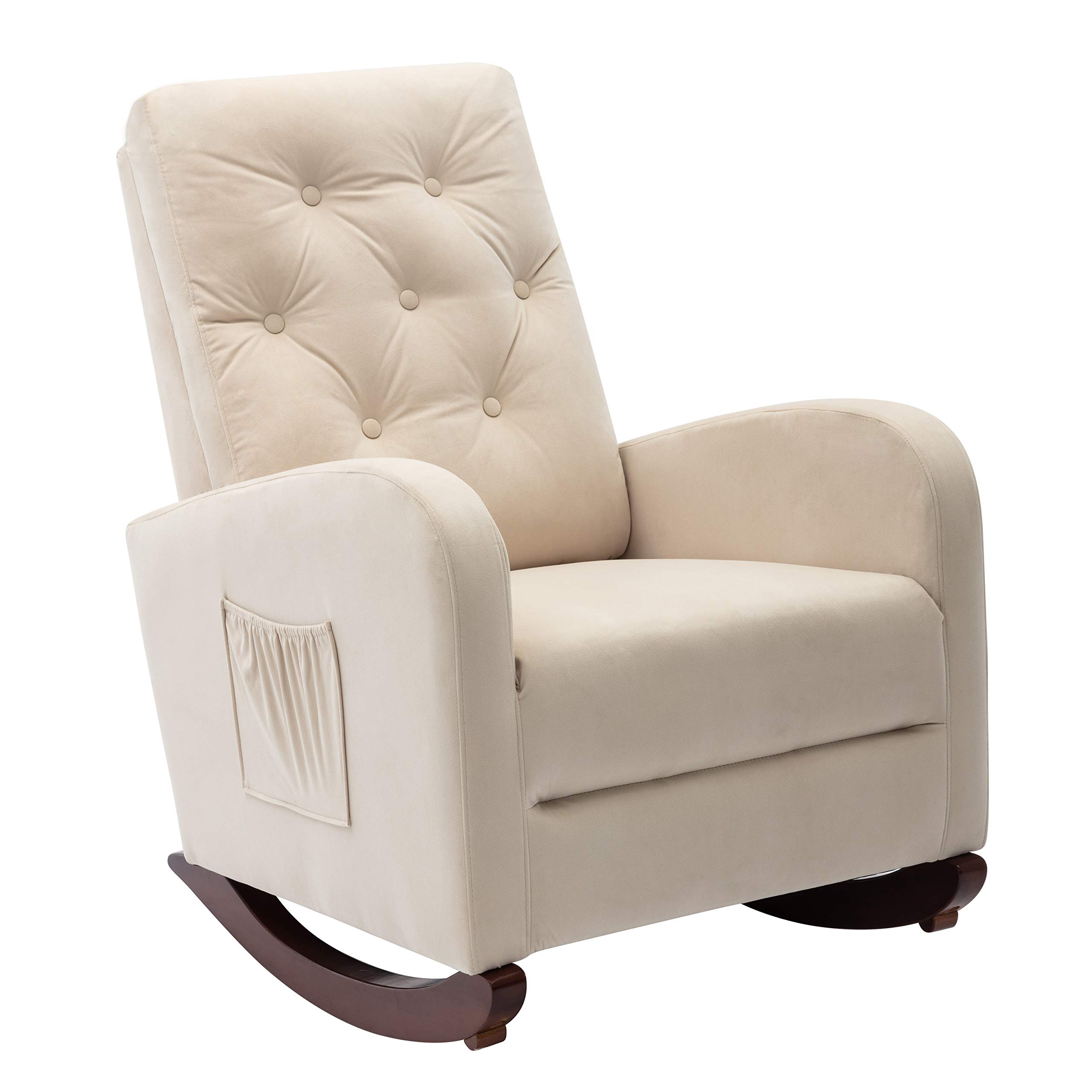Merax Beige Modern Tufted Rocking Chair with High Back, Upholstered Baby Nursery Glider Rocker with Padded Seat, Set of 1