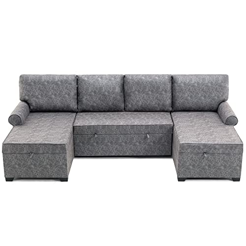MOEO 108.75" U-Shaped Living Room Sectional Sofa with 2 Chaise Lounges, Large Reversible 6-Seater Couch w/Two USB Port Plug, Storage, Pull Out Bed, Upholstered Nail Head Trim, Grey