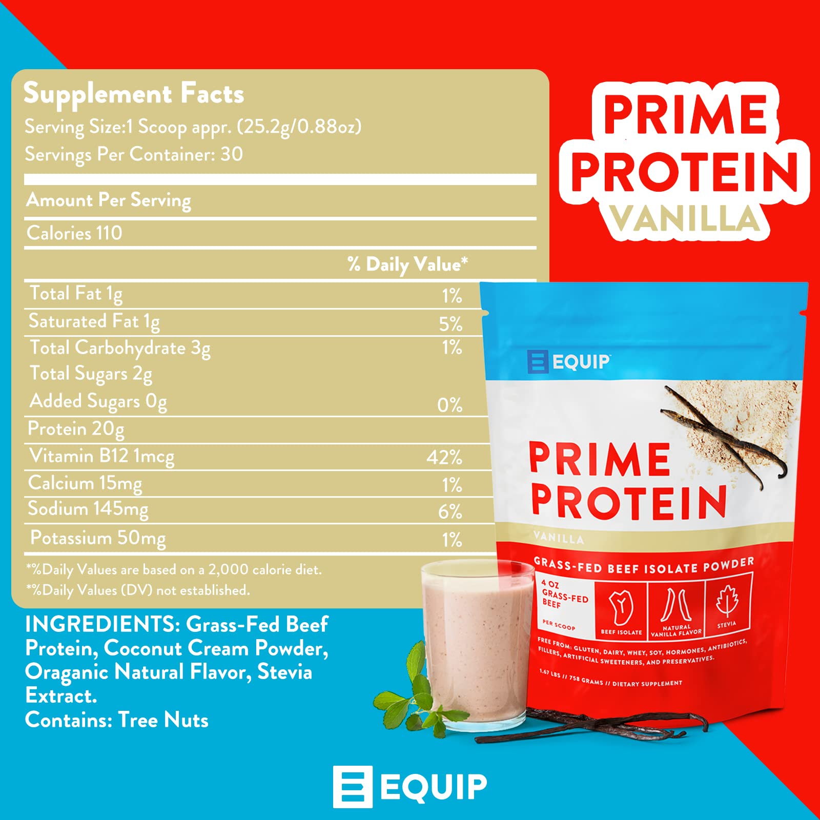 Equip Foods Prime Protein - Grass Fed Beef Protein Powder Isolate - Gluten Free Carnivore Protein Powder - Vanilla, 1.67 Pounds - Helps Build and Repair Tissue