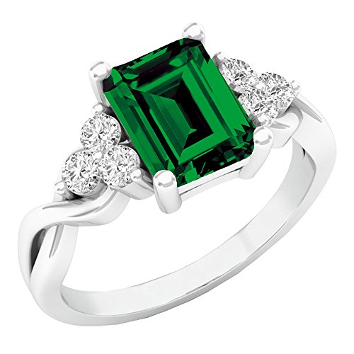 Dazzlingrock Collection Sterling Silver 8X6 MM Emerald Cut Lab Created Emerald & Round Diamond Ring, Size 8.5