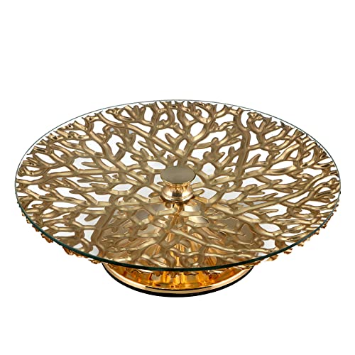 MDLUU Glass Cake Stand 11.6 inch, Cake Platter Pedestal, Dessert Server Display for Wedding, Party, Birthday(Metal Branches Pattern)