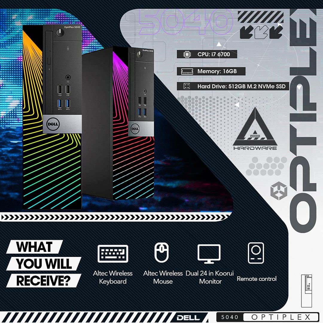 Dell OptiPlex Desktop Computers PC with Dual Koorui 24 Inch Monitor Bundle, Intel Core i7-6700, 16GB Ram 512GB M.2 NVMe SSD, Built-in WiFi and Bluetooth, RGB Light, Windows 10 Pro (Renewed)