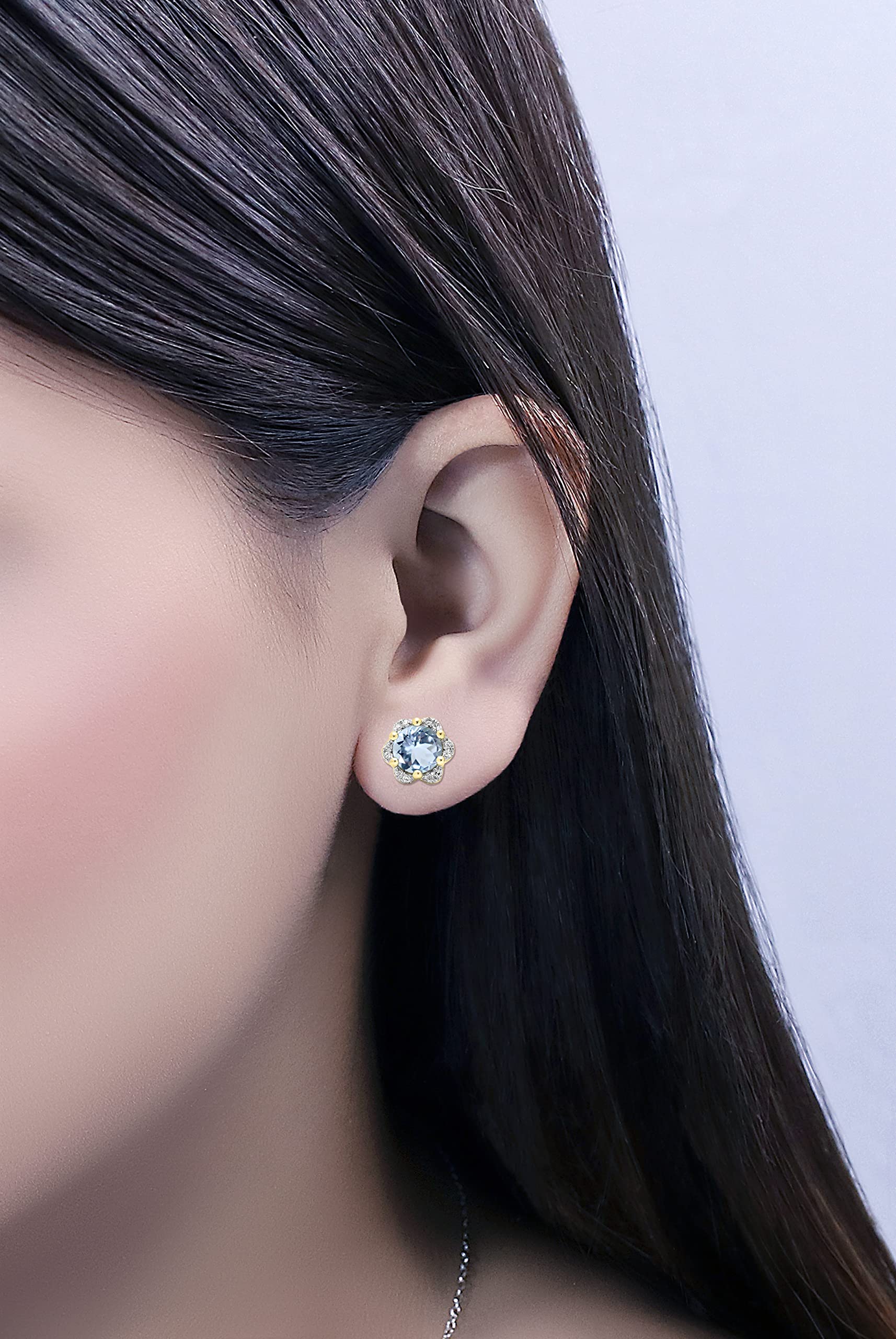 Dazzlingrock Collection 6mm Each Round Aquamarine with White Diamond Cluster Flower Shape Screw Back Stud Earrings for Women in 14K Yellow Gold