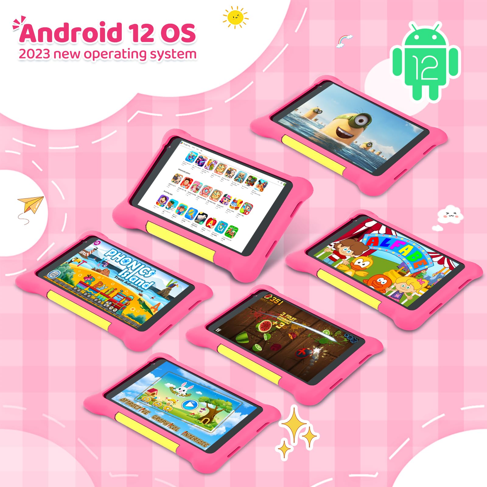 Freeski Kid Tablet 7-Inch Android 12 Kids Tablet, 2G RAM 32G ROM, Quad Core Processor, Kidoz Preinstalled, Parental Control- Educational and Entertaining Tablet for Children (Pink)