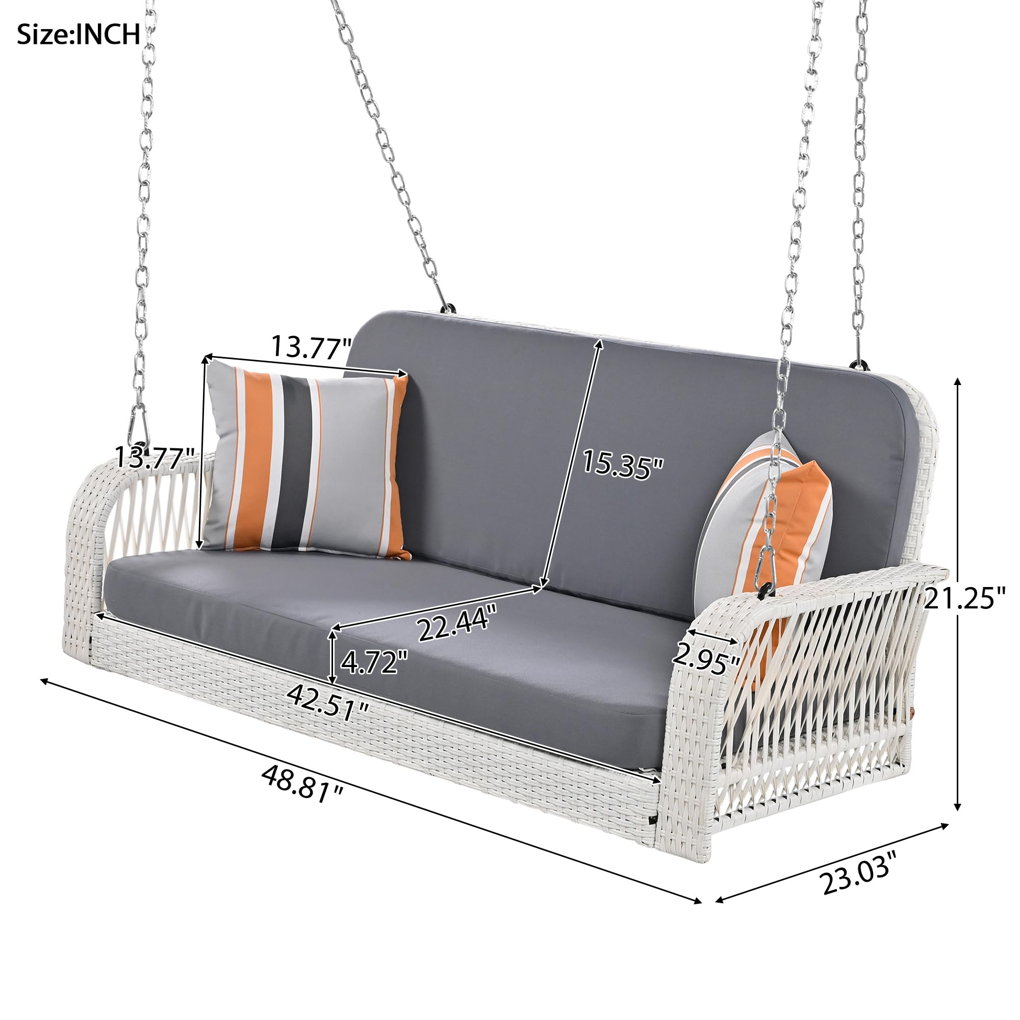 XD Designs Modern PE Wicker Porch Swing, 2-Seater Hanging Bench, 2 Person Front Hanging Porch Swing Bench with Chains, Cushion, Pillow for Backyard Garden Poolside, Max 500 Lb (White-FM)