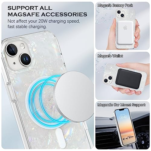 YINLAI Case for iPhone 14 / iPhone 13 [Compatible with MagSafe] Magnetic Slim Glitter Bling Sparkly Pearl Mother-of-Pearl Seashell Women Girly Soft Shockproof Protective Phone Cover 6.1 Inch, White