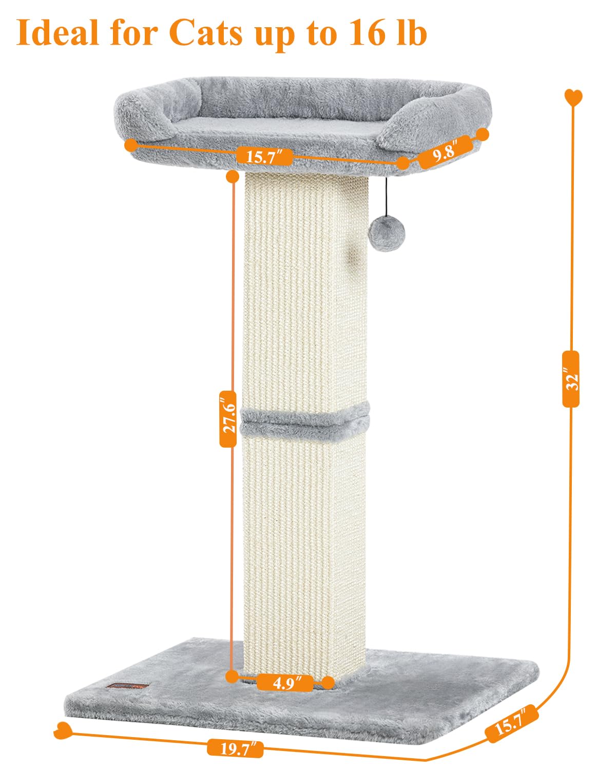 Karolpar 32" Cat Scratching Post for Indoor Cats, Sisal Cat Scratcher with Plush Perch, Large Scratch Post with Bed, Removable Cover, Sisal Fabric,Light Grey