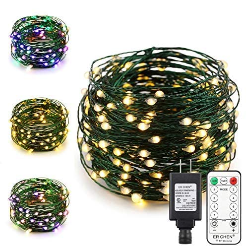 ErChen Dual-Color LED String Lights, Green Copper Wire Plug in 66 FT 200 LEDs Dimmable Fairy Lights with UL Adapter RF Remote Timer 8 Modes for Christmas Party Wedding (Green/Warm White)
